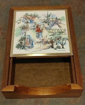 Vintage Roxanne Beck Ceramic Tile Solid Wood Note Pad Paper Tray Holder ...