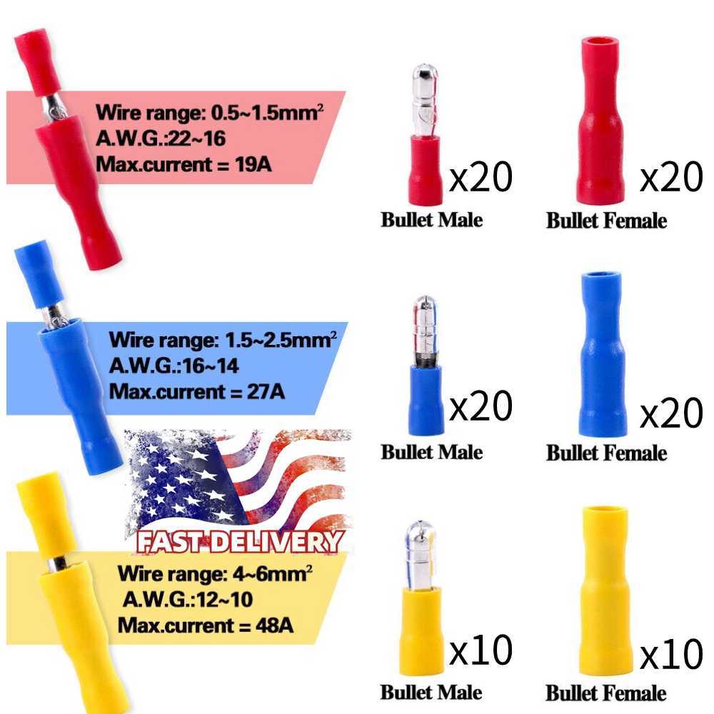 100X Female&Male Crimp Terminals Insulated Bullet Butt Wire Connectors ...