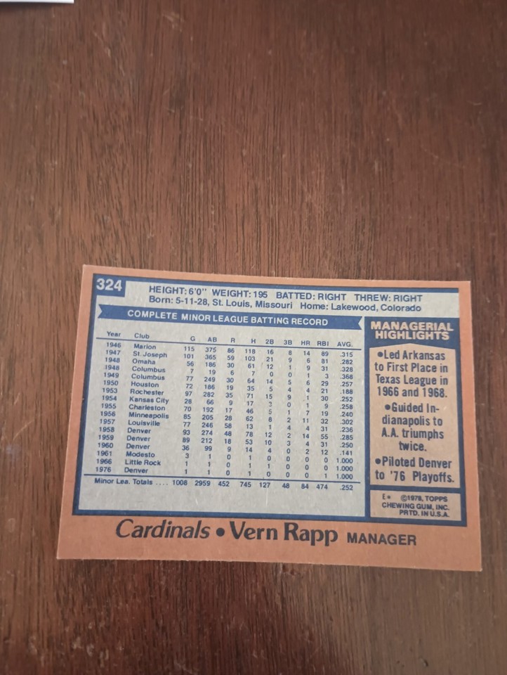 1978 Topps #324 Vern Rapp (NM-MT) | eBay