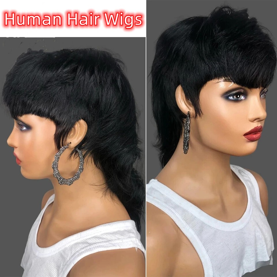 Mullet Wigs Pixie Cut Wigs with Bangs for Black Women Real Human Hair ...