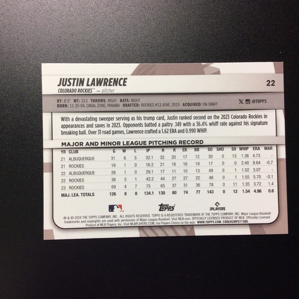 2024 Topps Big League #22 Justin Lawrence Colorado Rockies | eBay