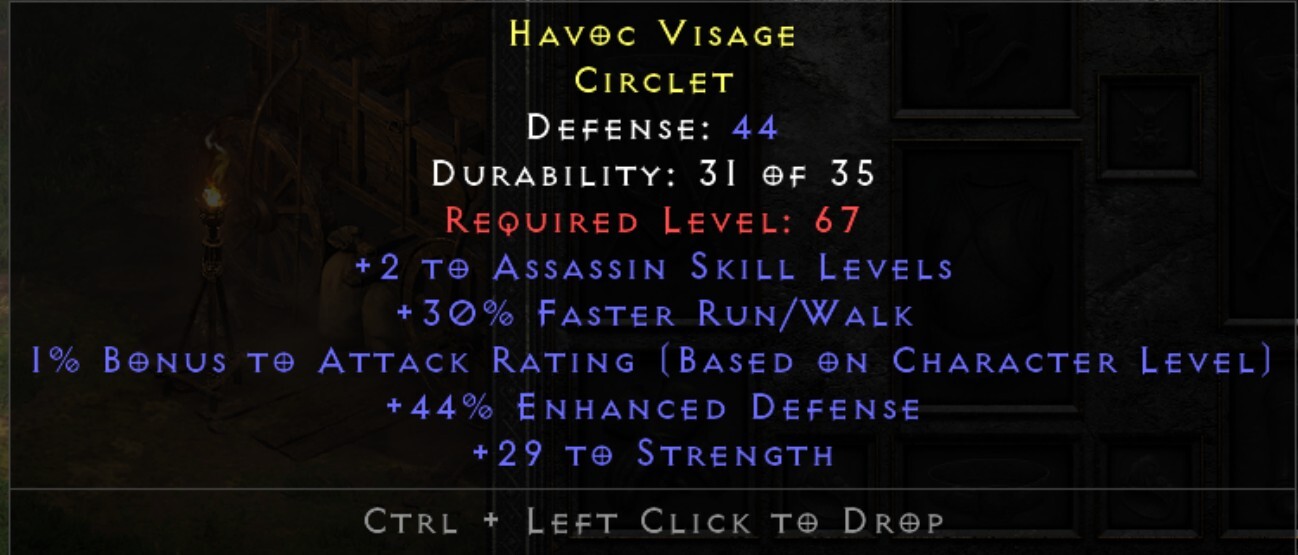 D2r rare circlet sin circlet 2skills 30frw btar %ar bonus 29str --Non ...