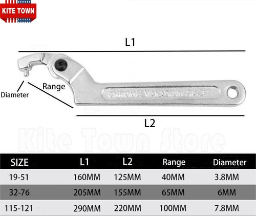 Adjustable Hook Wrench 19–121mm C Round Spanner Tool Slotted Retaining ...