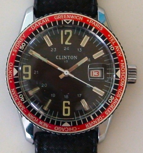 VINTAGE 1970'S CLINTON MENS WORLD TIME DIVE DIVERS WATCH MANUAL WIND ...
