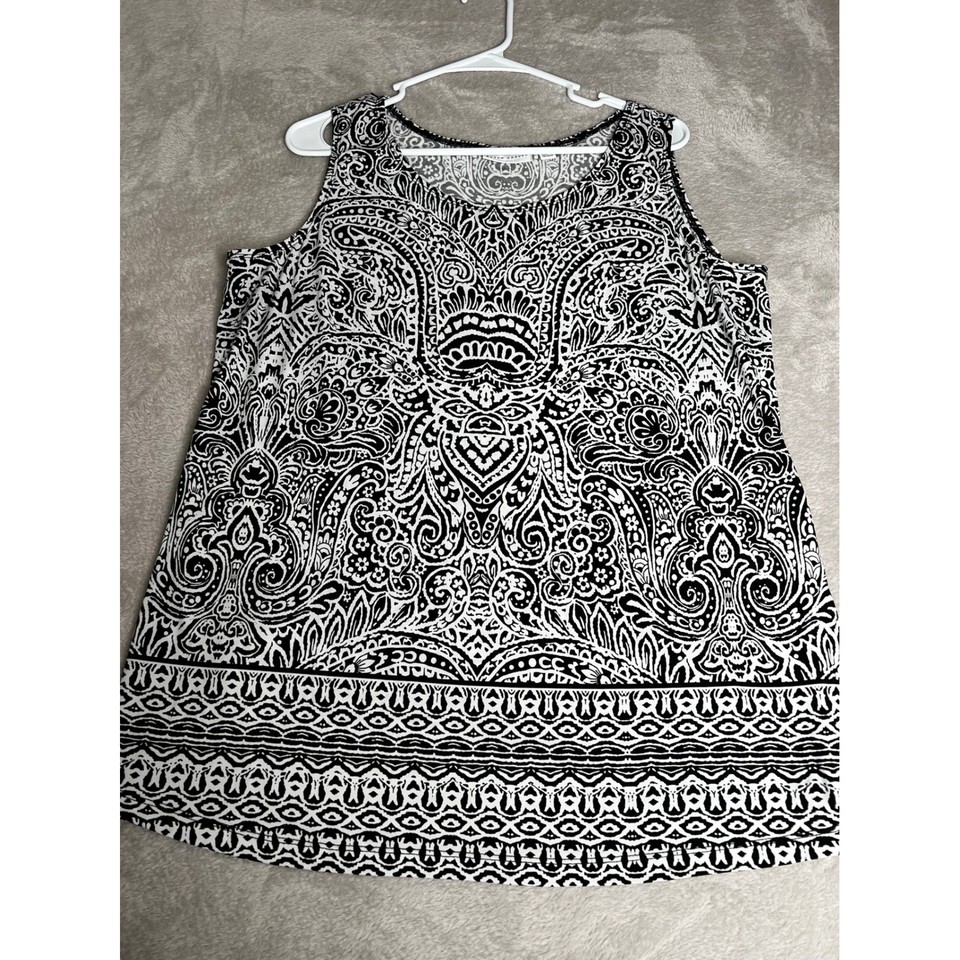 SUSAN GRAVER Womens Sleeveless Black White Paisley Print Tunic Top Size ...
