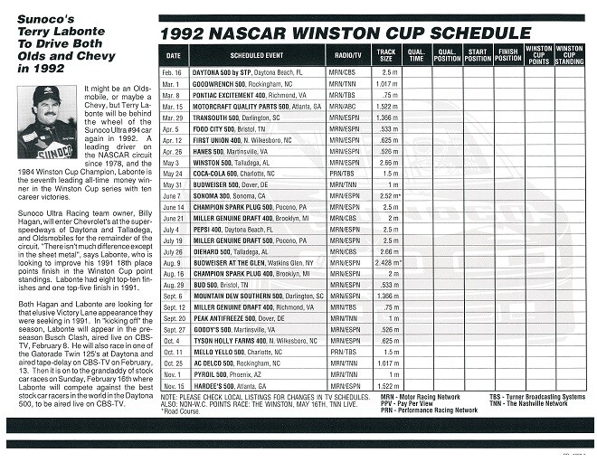 RARE TERRY LABONTE 1992 SUNOCO OLDSMOBILE NASCAR 8X10 POSTCARD HANDOUT ...