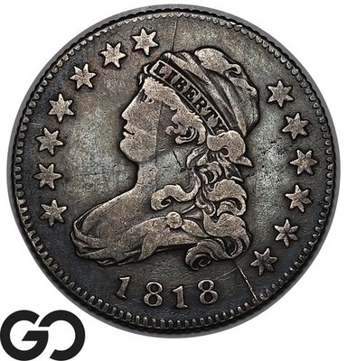 1818 Capped Bust Quarter, Neat Obv Die Breaks, Choice VF Early ...
