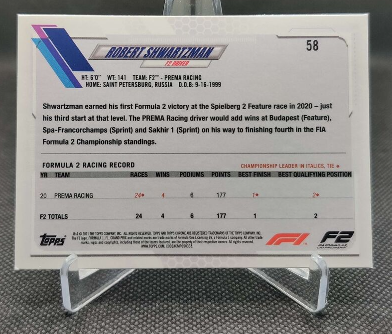2021 Topps Chrome SAPPHIRE F1 #58 Robert Shwartzman Future Stars racing ...