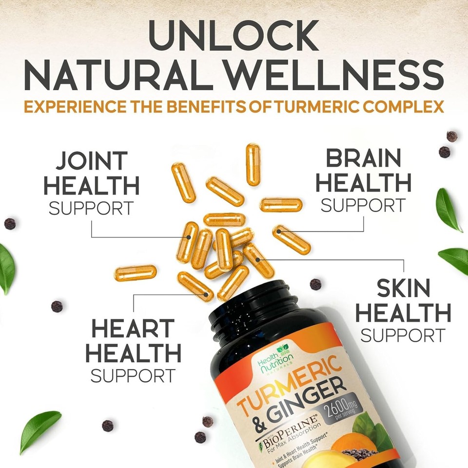 Turmeric Supplement Curcumin 2600mg - with Organic Ginger & Turmeric ...