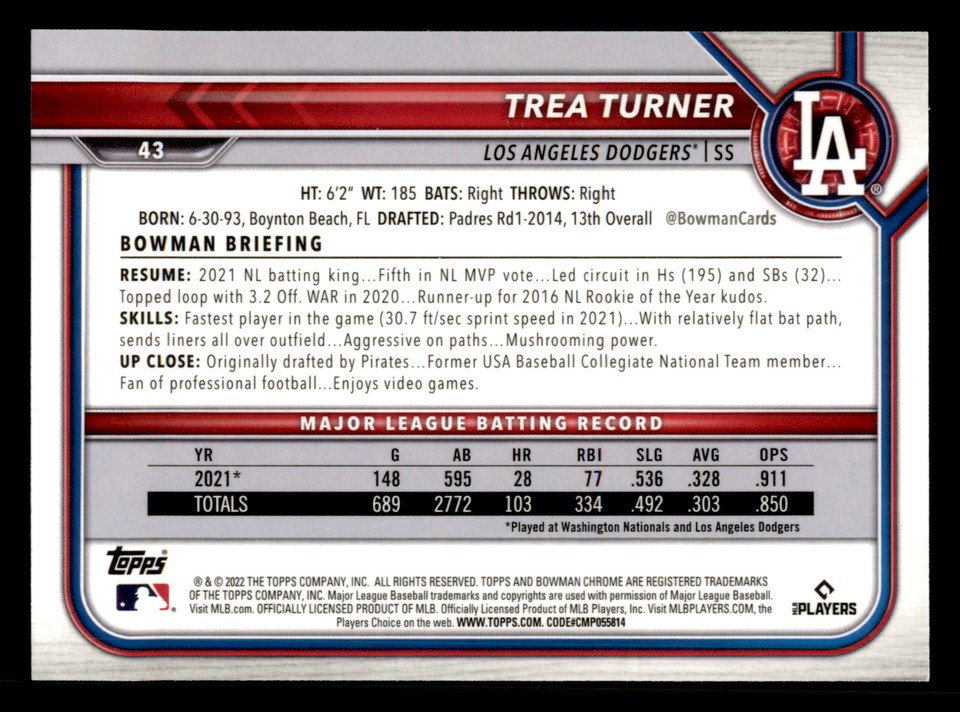 2022 Bowman Chrome Trea Turner #43 Los Angeles Dodgers | eBay