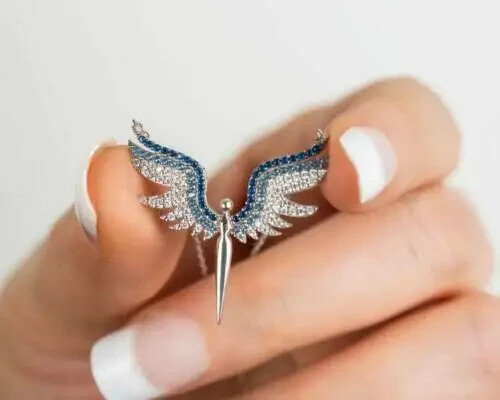 Lab Created Topaz Sapphire & Diamond 14K White Gold Plated Angel Wing ...