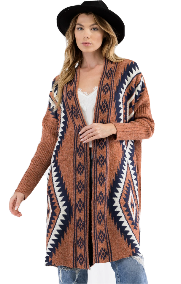 Boho Aztec Tribal Southwestern Print Knit Cardigan Sweater Duster Top S ...