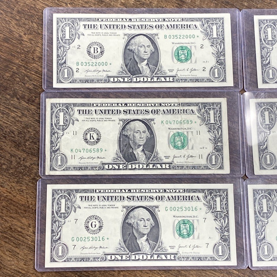 Lot Of 6 - 2021 $1 One Dollar Bill Star Note Six Federal Reserve Notes ...
