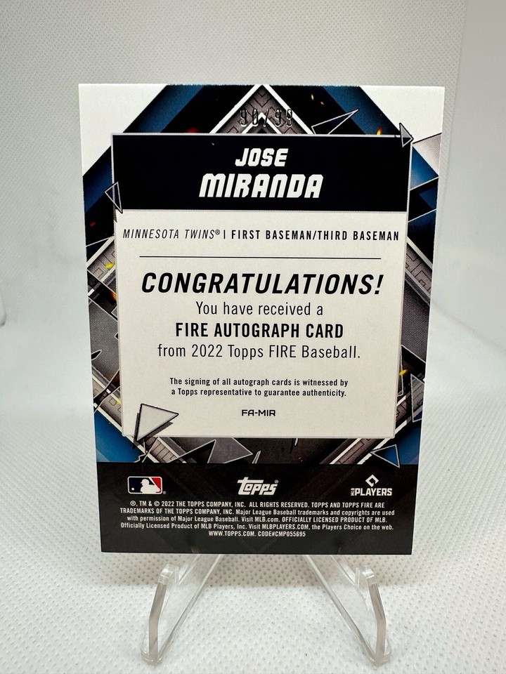 2022 Topps Fire Jose Miranda Rookie Auto Autograph Orange /99 Minnesota ...