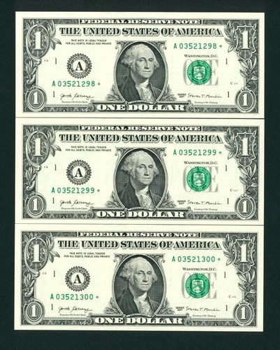 ((3 CONSECUTIVE)) **STAR** $1 2017 (( GEM )) Federal Reserve Note ...