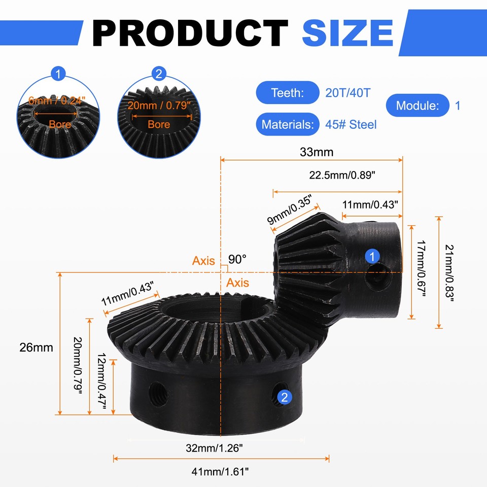 2Pcs Tapered Bevel Gears Set, 1 Mod 1:2 (20T/40T) Bevel Gears(6/20mm ...