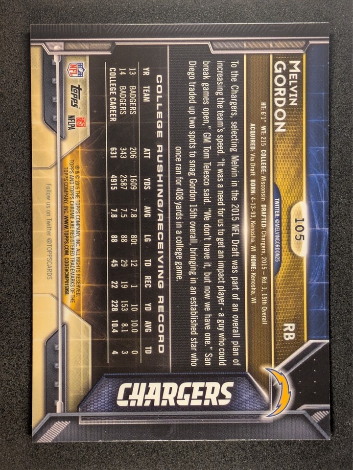 2015 Topps Chrome - Rookies Melvin Gordon #105 (RC) Chargers Rookie | eBay