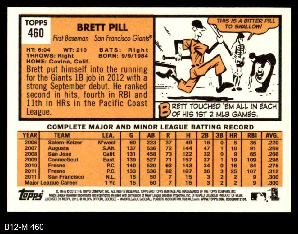 2012 Topps Heritage #460 Brett Pill Giants SHORT-PRINT 8 - NM/MT | eBay