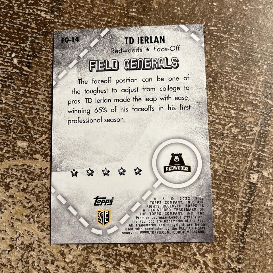 2022 Topps Premier Lacrosse League PLL FIELD GENERALS card TD IERLAN FG ...