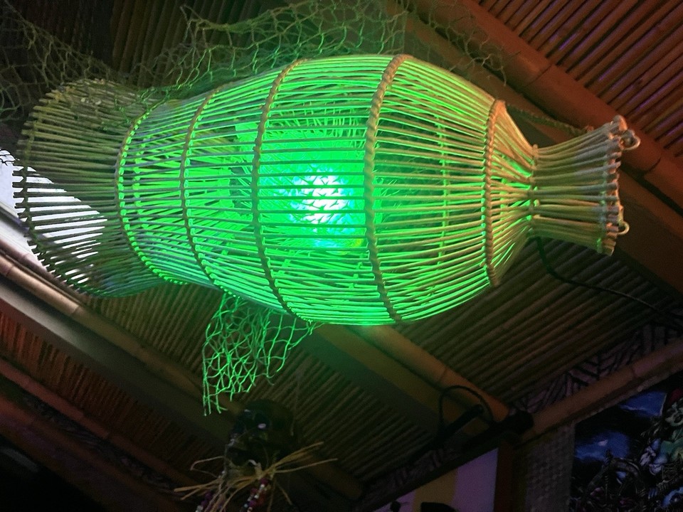 NEW Rattan Fish Trap Lamp W/ Real Puffer Fish Green Led Smokin Tikis ...