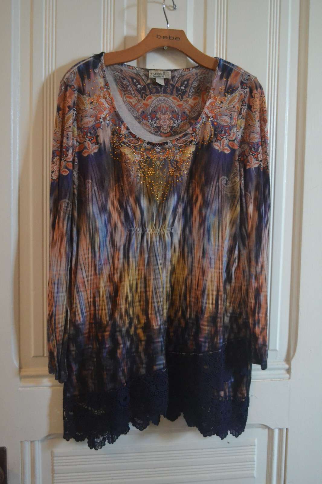 PATTERNED TUNIC BLOUSE WITH LACE HEMLINE BY ONE WORLD ~ XL | eBay