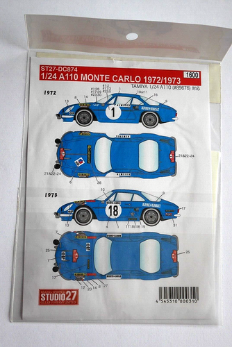 STUDIO 27 - ALPINE A110 - MONTE CARLO 1972- 1973 / DECAL for TAMIYA 1/ ...