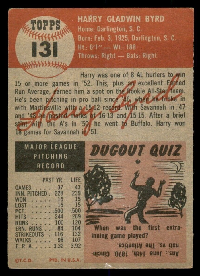1953 Topps Baseball #131 Harry Byrd GD (Crease) | eBay