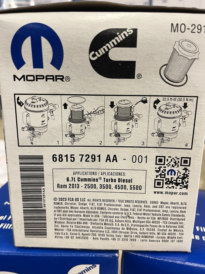 Genuine Oem Mopar Cummins Dodge Ram 6.7 Cummins Fuel Filter 68157291AA ...