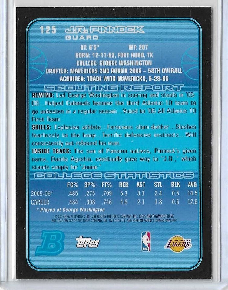 2006-07 Bowman Chrome Basketball J.R. Pinnock Rookie Card #125 Lakers ...
