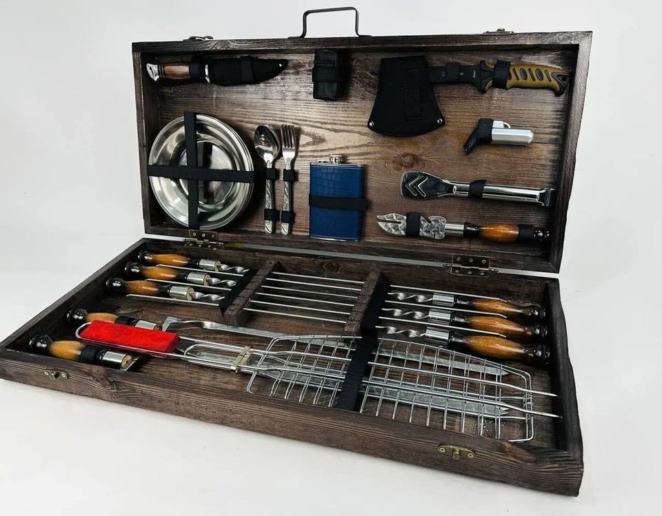 Big grill set tools in wooden case for mangal and grill UKRAINE (7503 ...