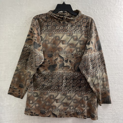 Chico's Design Woman Blouse Top Brown Medium 1 Floral Cotton Long ...