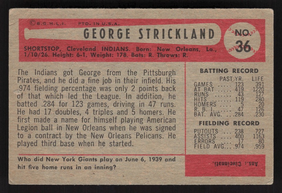 George Strickland 1954 Bowman #36 Cleveland Indians PR PH {1208 | eBay