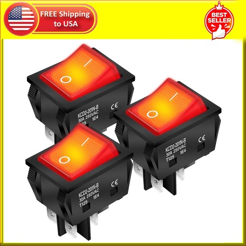 3pack 30A 250V KCD2 KCD4 Rocker Switch DPST 4 Pin Red Lighted 120V ...