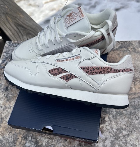 Reebok Classic Shoes White Leather Pink Leopard Print Womens 8.5 ...