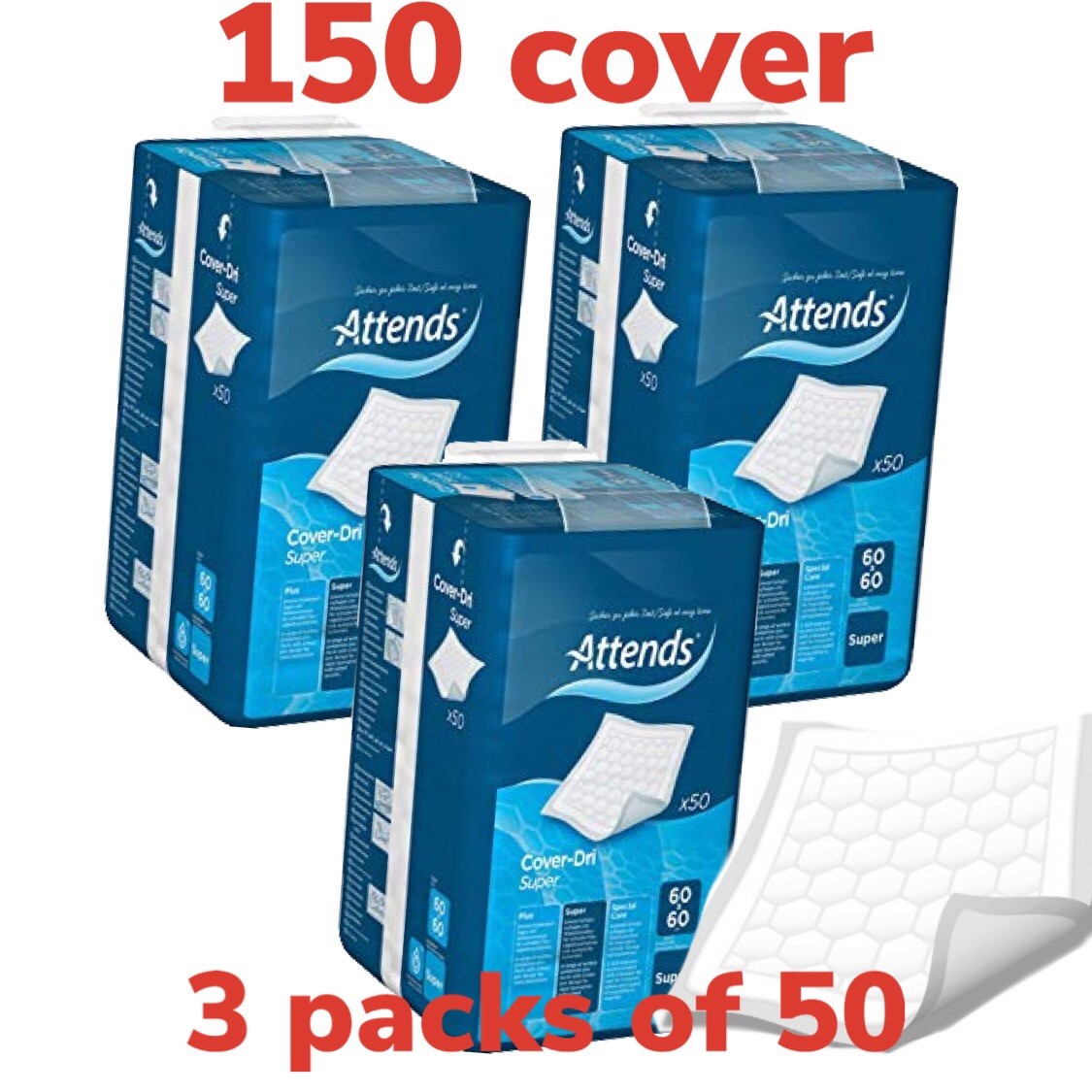 3 Pack Of 50 Attends Cover Dri Super 60 x 60cm ND-1454 incontinence Aid ...