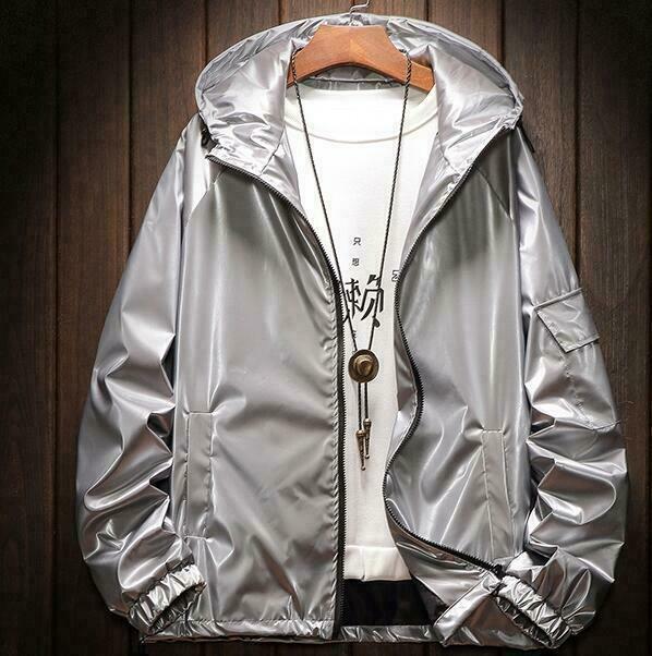 Men's Outwear Motorcycle Jacket Hooded Shiny Gold Silver Casual Coat Sz ...