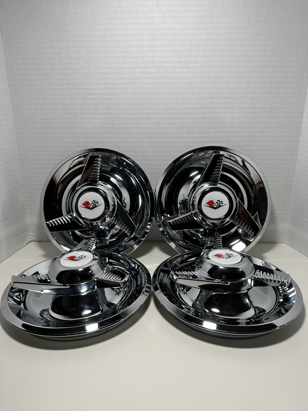 (4) 3 BAR FLUTED SPINNERS CENTER CAPS FOR CHEVY RALLY WHEELS 7",WHITE ...