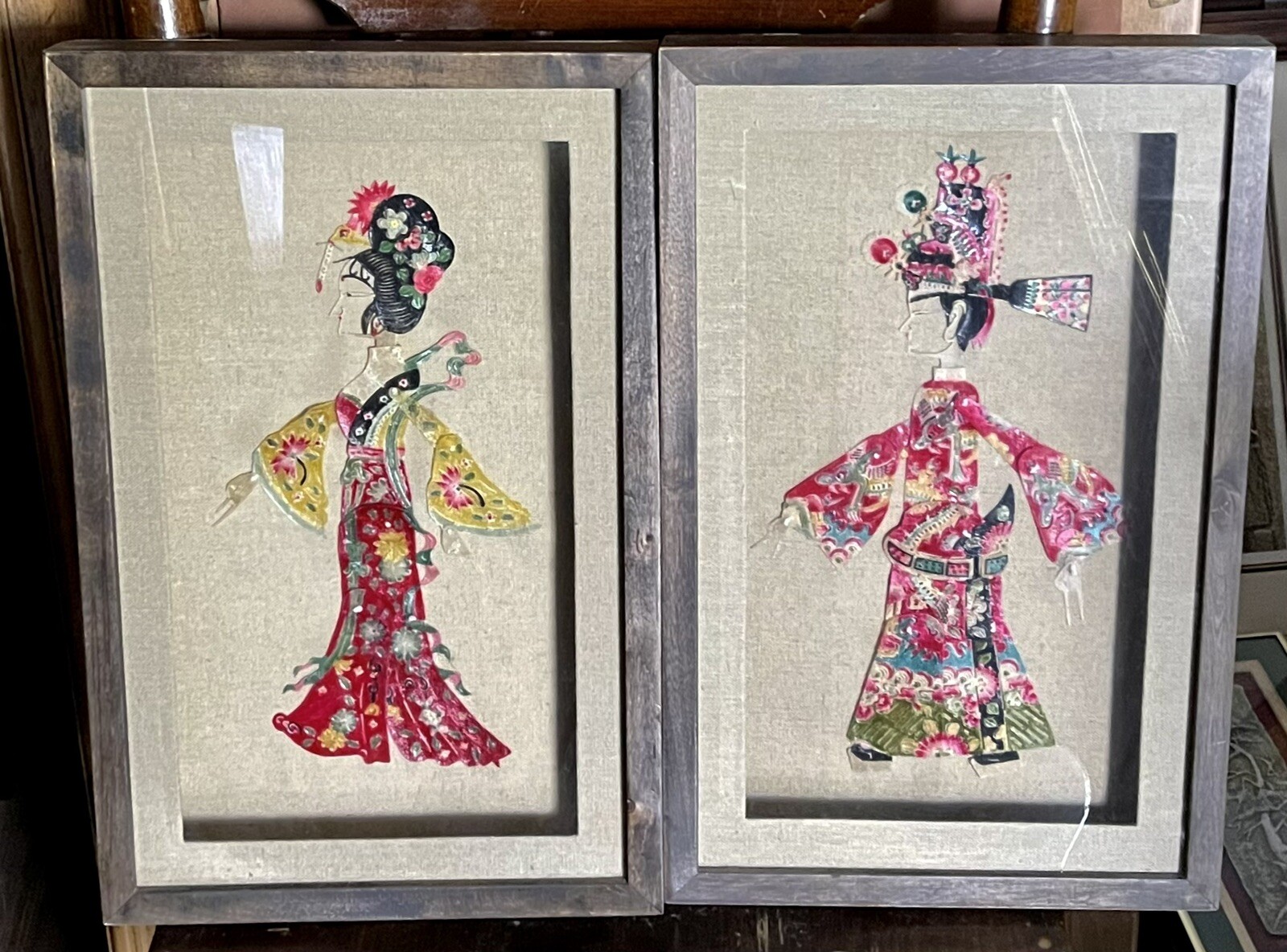 Rare Pair Chinese Pi Ying Xi Shadow Box Puppet Mother of Pearl Art ...