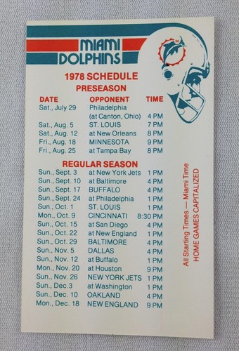 NFL 1978 Miami Dolphins Football Pocket Schedule Card - National ...