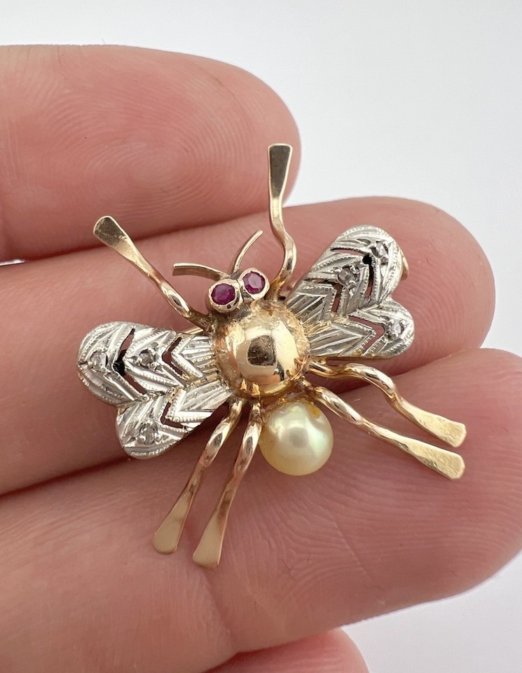 Victorian 14k Rose Gold & Platinum Pearl & Ruby & Diamond Fly Insect ...