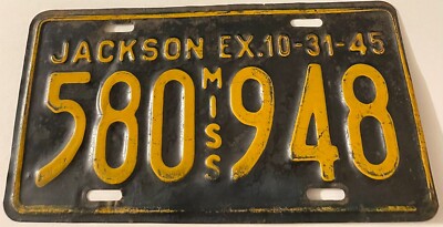 Vintage 1945 Mississippi License Plate 580 948 Jackson County | eBay