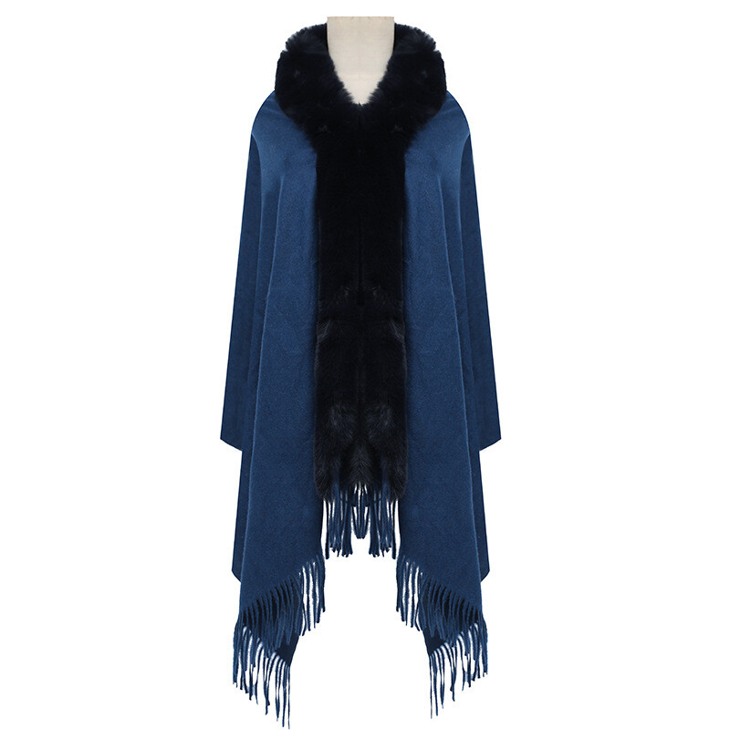 Lady Faux Fur Collar Shawl Scarf Winter Fringed Cape Cloak Dress Wrap ...