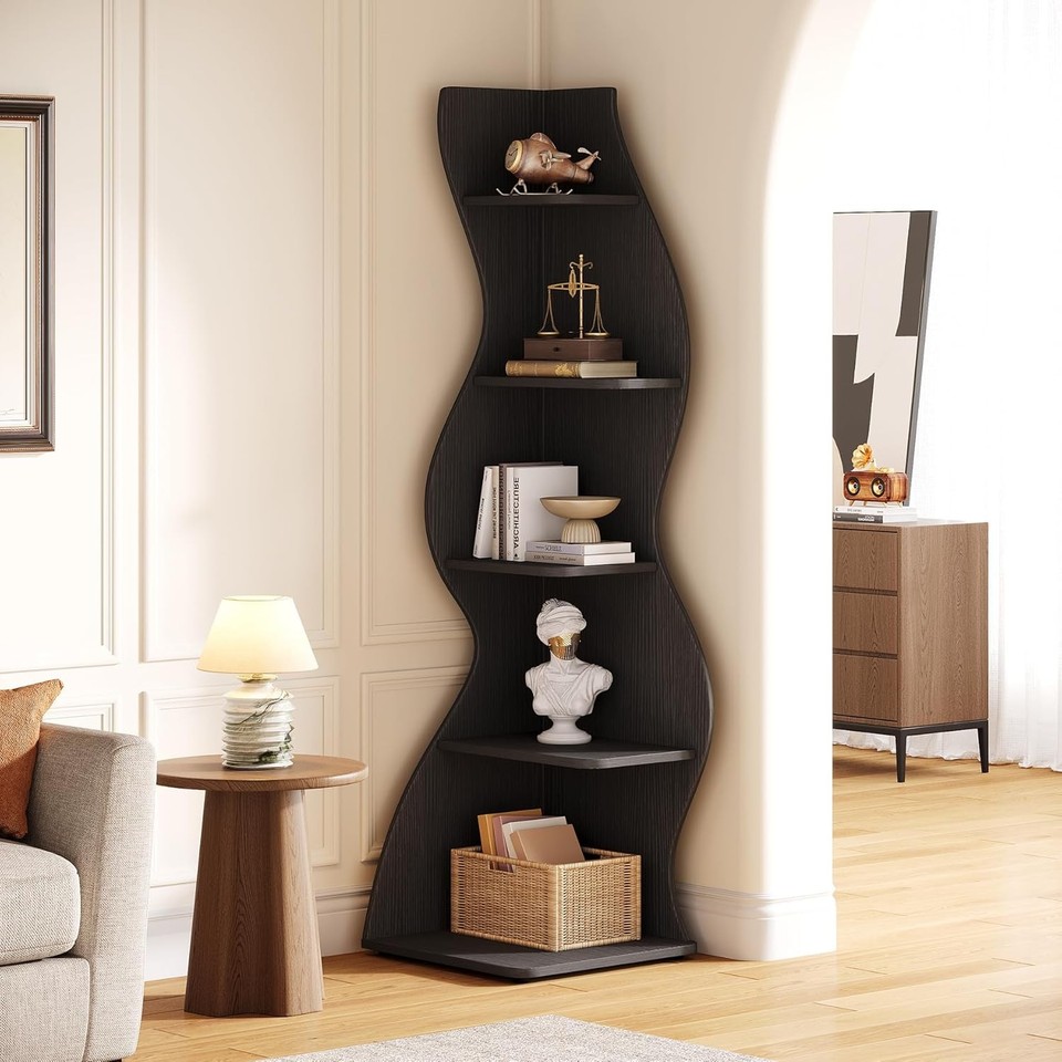 Wavy Corner Shelf, 5-Tier Bookshelf Bookcase with Curvy Shape Black ...