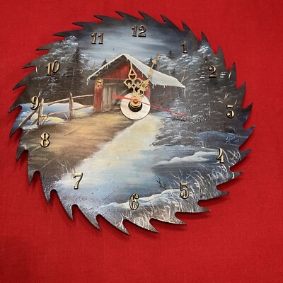 Handpainted sawblade clock. Covered bridge winter scene. Clock | eBay
