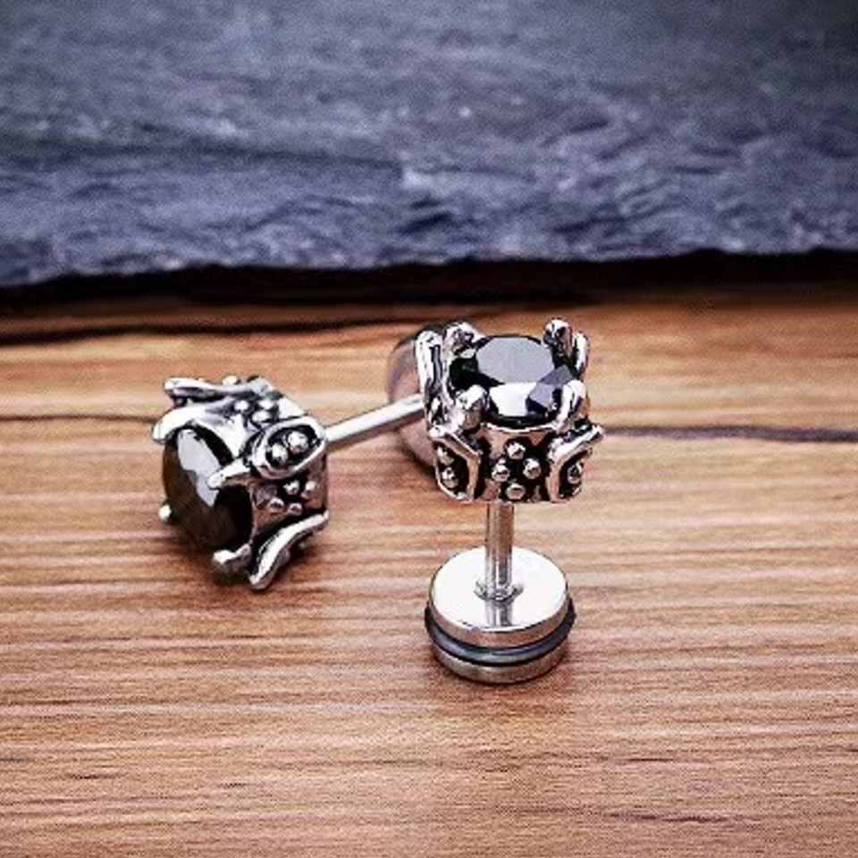 Mens Stainless Steel Black CZ Stud Earrings Punk Retro Dark Shadow ...