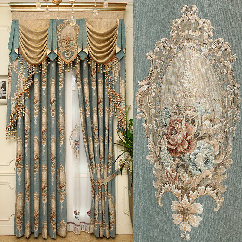 European bedroom Chenille jacquard blue cloth curtain tulle valance ...