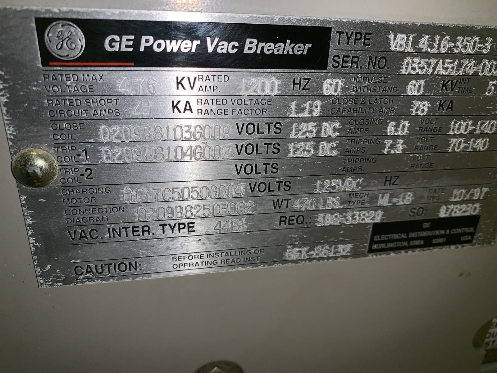 GE VB1 4.16-350-3 Power/Vac Breaker 4.76KV, 1200A, 60Hz | eBay