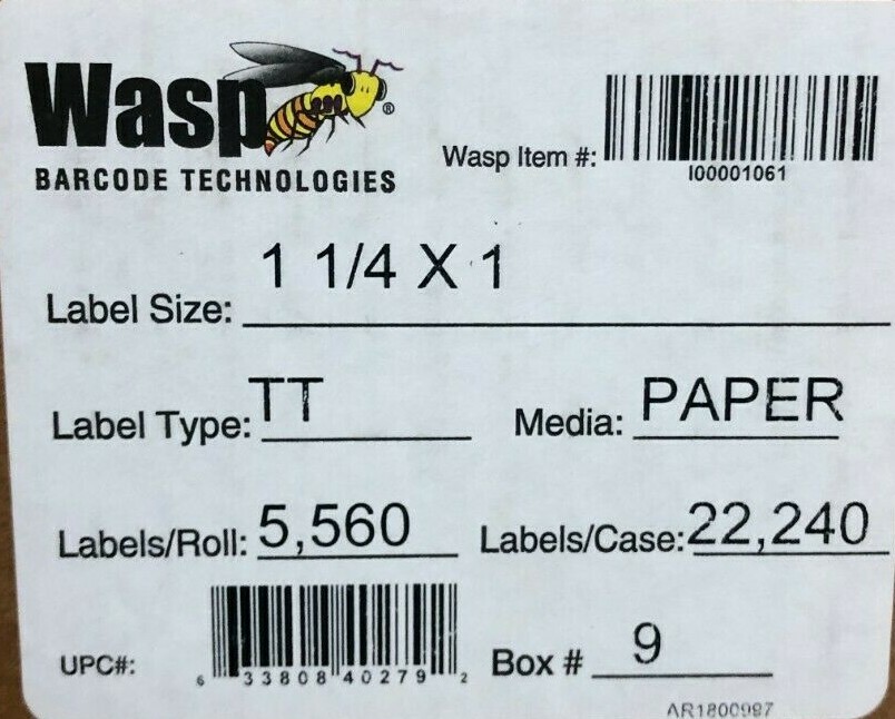 WASP 1 1/4" X 1" THERMAL LABELS FULL BOX 5560 PER ROLL 22240 PER BOX ...