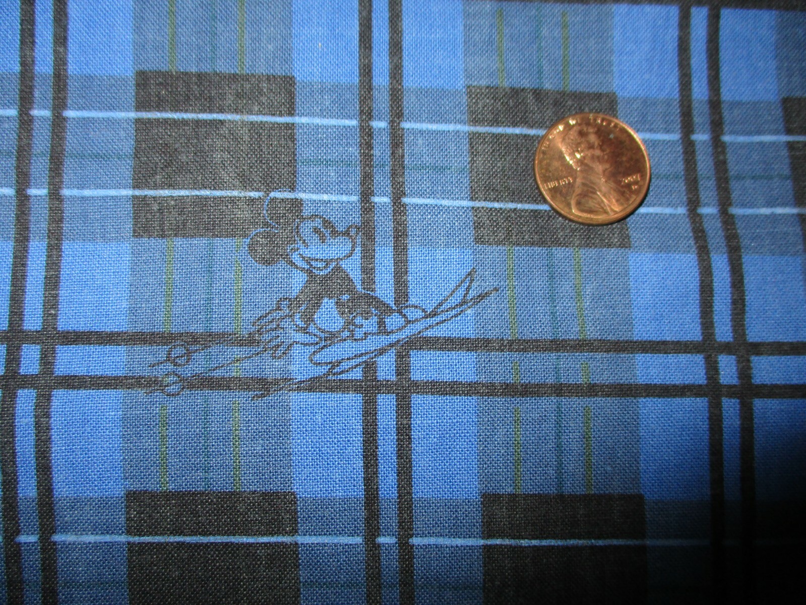 Vintage Blue Plaid Mickey Mouse print Cotton Fabric ~ Quilting 1 1/2 yd ...