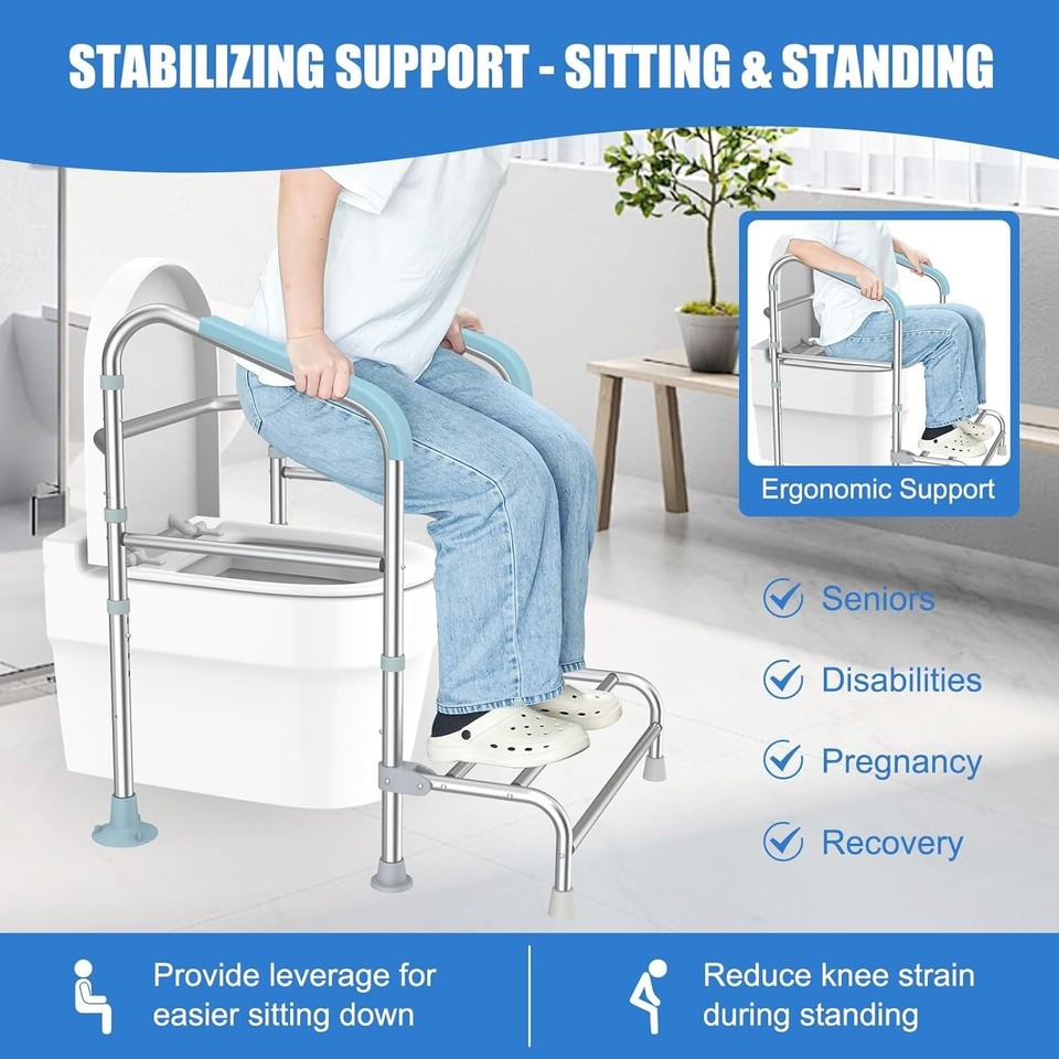 ⭐ Toilet Safety Rail with Foot Rest, 400LB Stainless Steel Toilet Frame ...